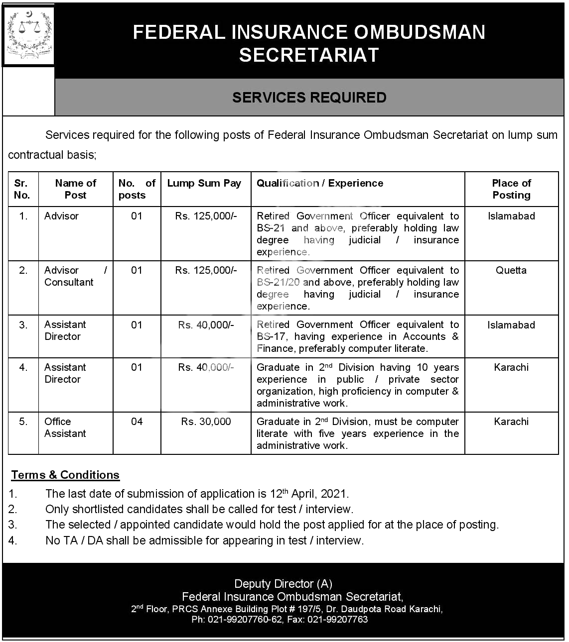 Federal Insurance Ombudsman Jobs 2021 Advertisement @Paper PK – New ...